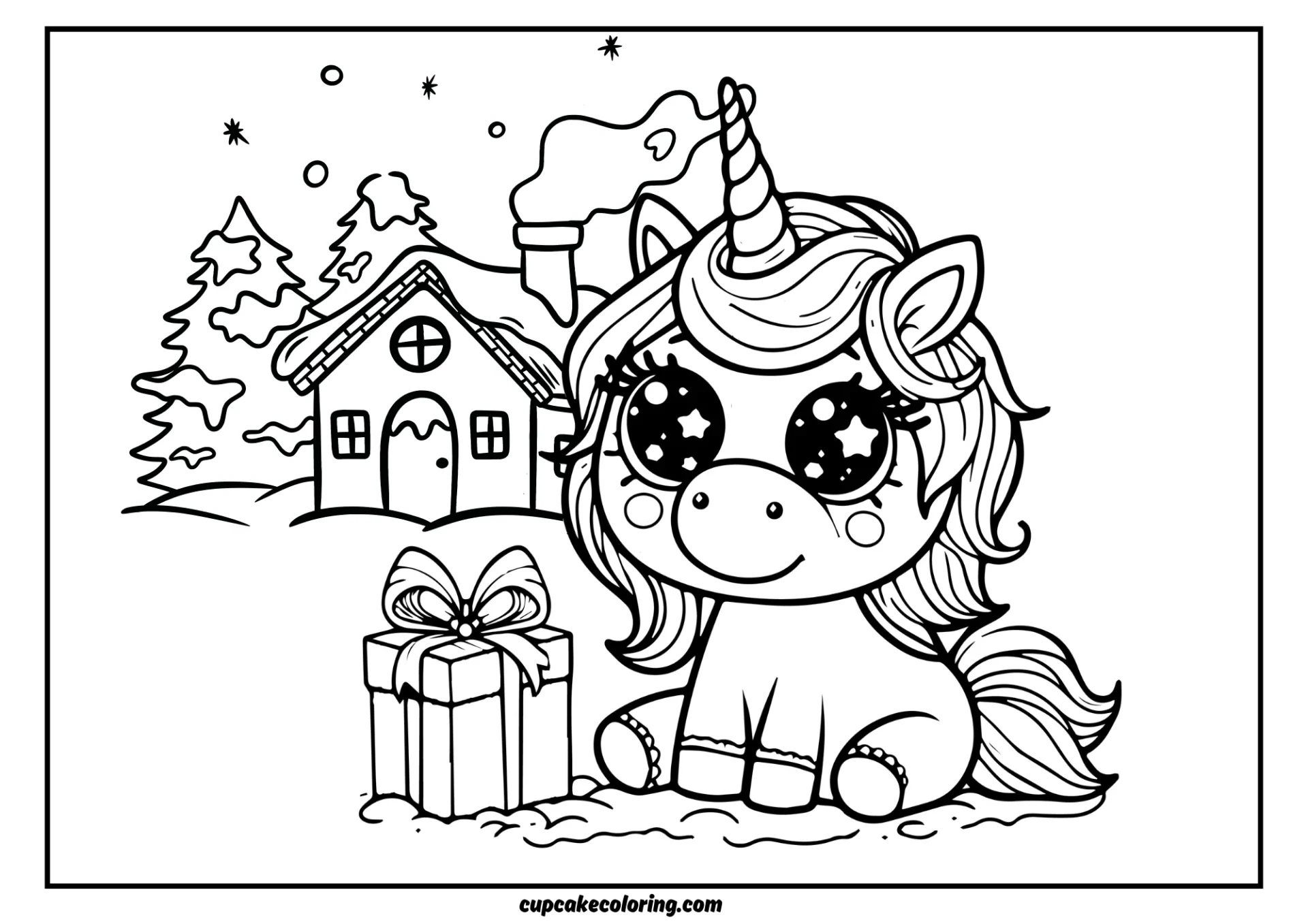 Winter coloring page with unicorn and snowy house - CupcakeColoring